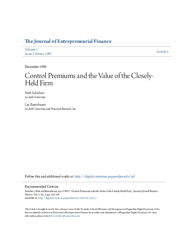(PDF) Control Premiums and the Value of the Closely- Held Firm