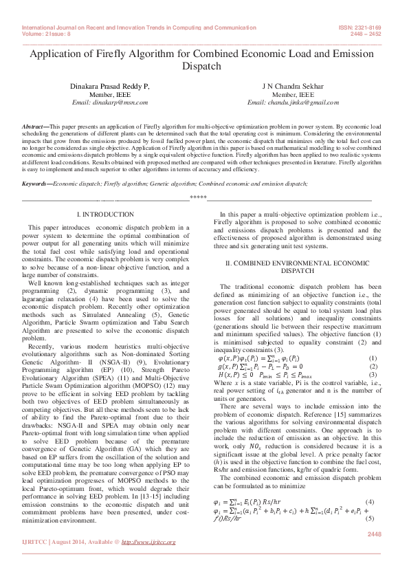 (PDF) Application of Firefly Algorithm for Combined Economic Load and Emission Dispatch