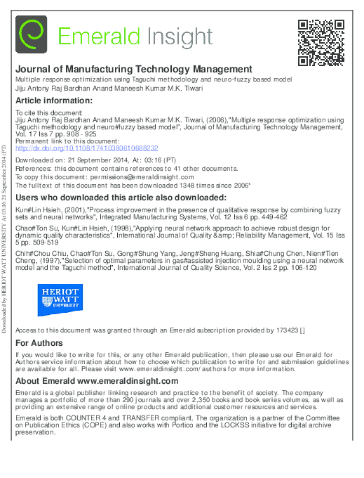 Pdf Multiple Response Optimization Using Taguchi Methodology And