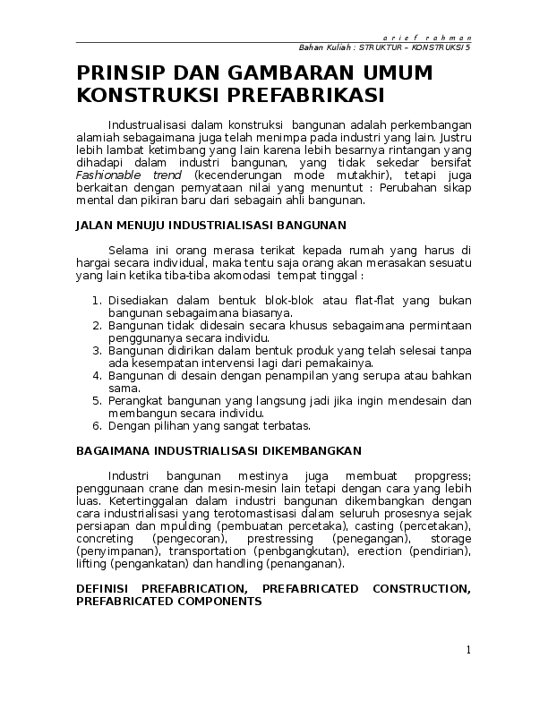 (DOC) PRINSIP DAN GAMBARAN UMUM KONSTRUKSI PREFABRIKASI