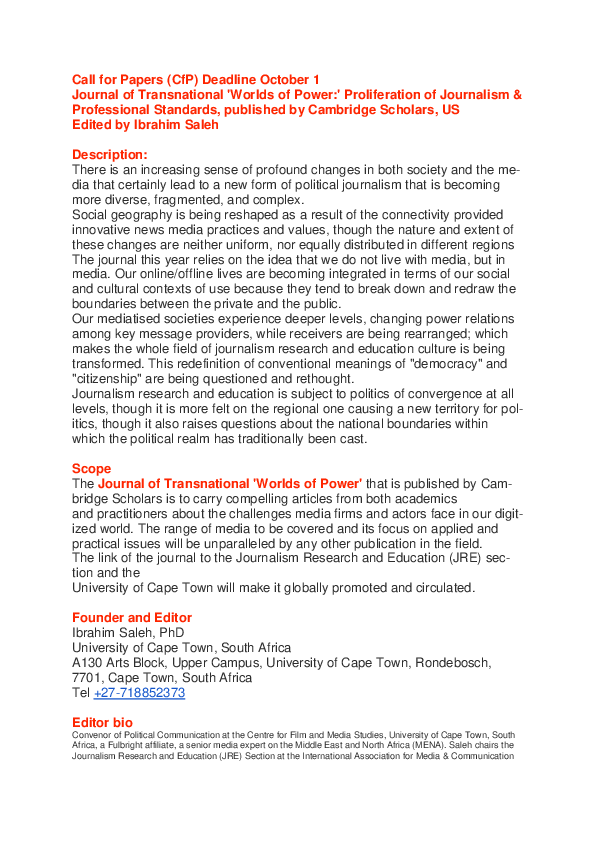 (DOC) CfP-Journal of Transnational 'Worlds of Power:' Proliferation of ...