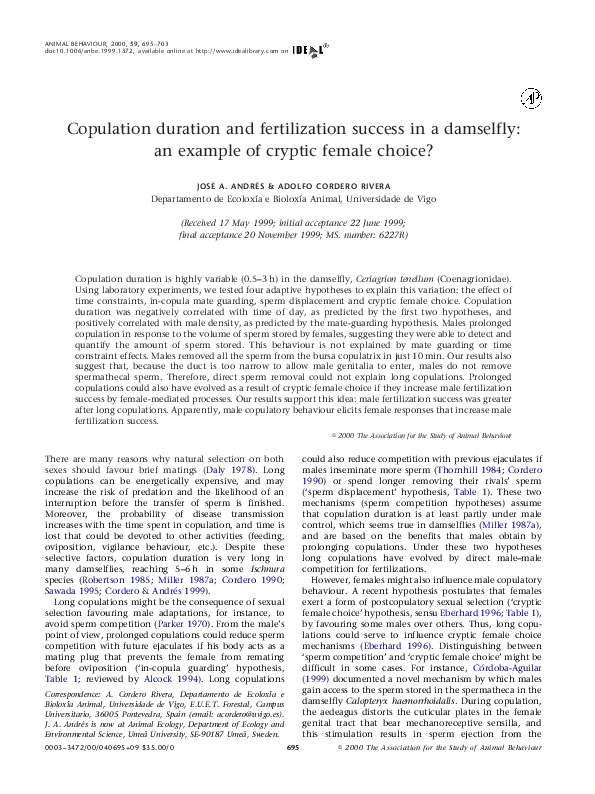 (PDF) Copulation duration and fertilization success in a damselfly: an ...