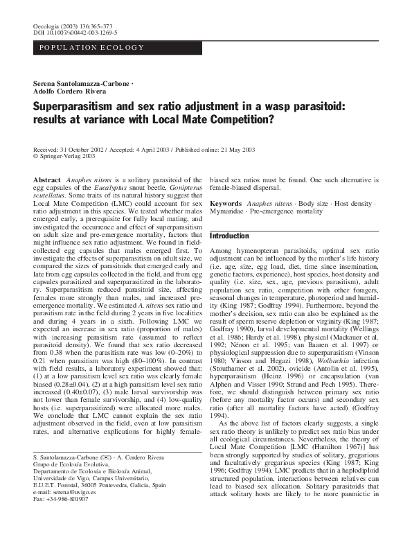 (PDF) Superparasitism and sex ratio adjustment in a wasp parasitoid ...