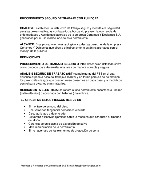 (DOC) PROCEDIMIENTO SEGURO DE TRABAJO CON PULIDORA (DOC) PROCEDIMIENTO SEGURO DE TRABAJO CON PULIDORA