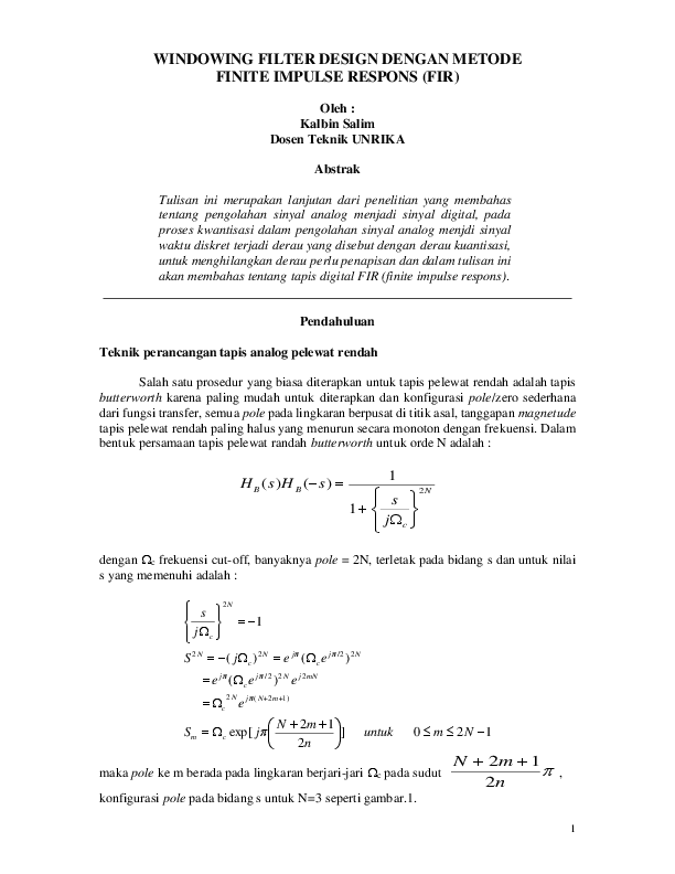 (PDF) WINDOWING FILTER DESIGN DENGAN METODE FINITE IMPULSE RESPONS (FIR)