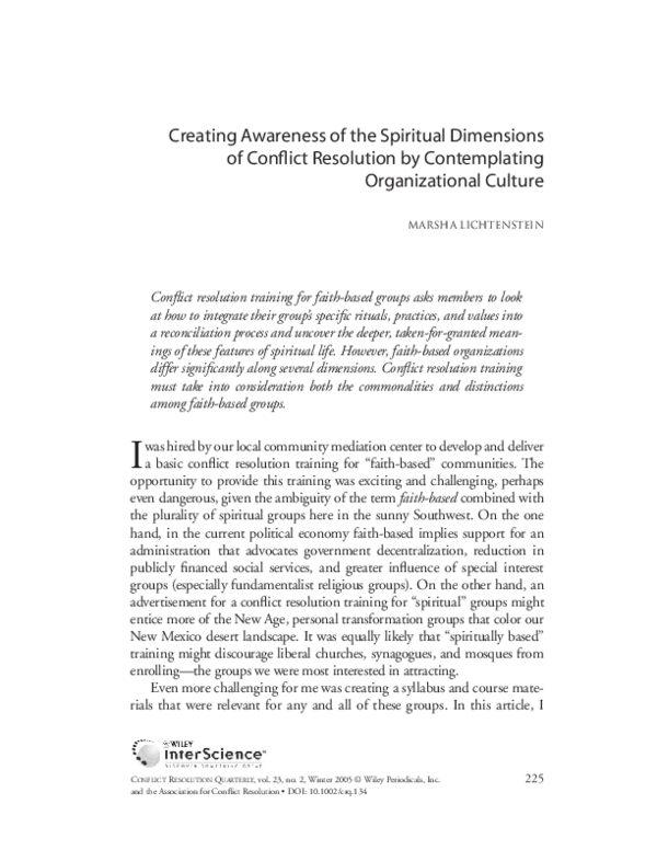 (PDF) Creating awareness of the spiritual dimensions of conflict ...