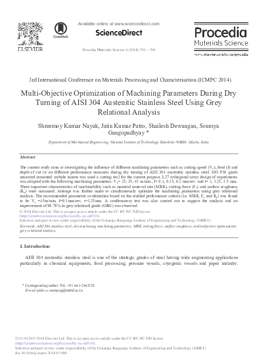Pdf Multi Objective Optimization Of Machining Parameters During Dry