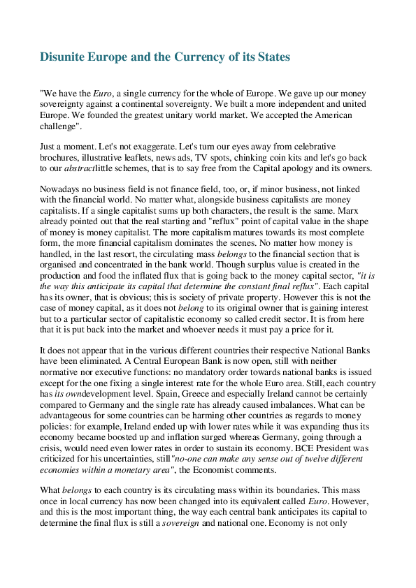 (PDF) Disunite Europe and the Currency of its States