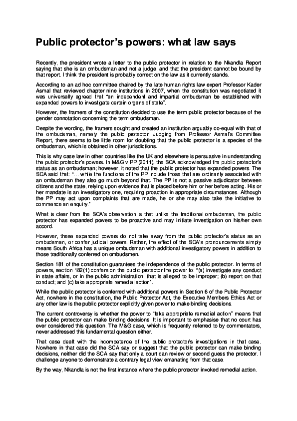 (PDF) Public protector’s powers: what law says