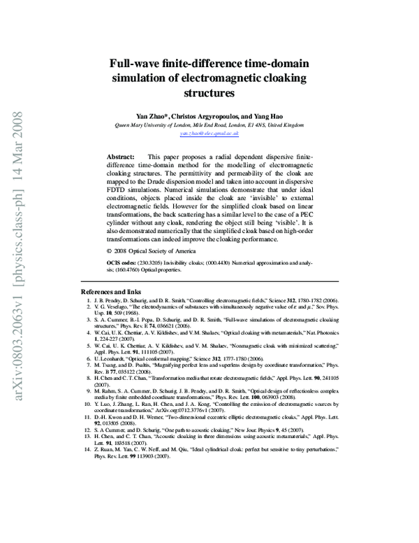 (PDF) Dispersive finite-difference time-domain simulation of electromagnetic cloaking structures