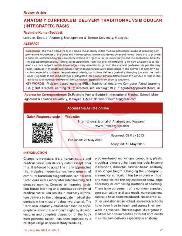 (PDF) ANATOMY CURRICULUM DELIVERY TRADITIONAL VS MODULAR (INTEGRATED) BASIS