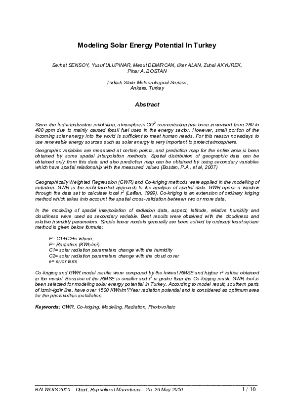 Modeling Solar Energy Potential In Turkey