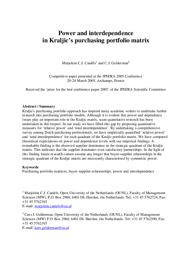 (PDF) Power and interdependence in Kraljic's purchasing portfolio matrix