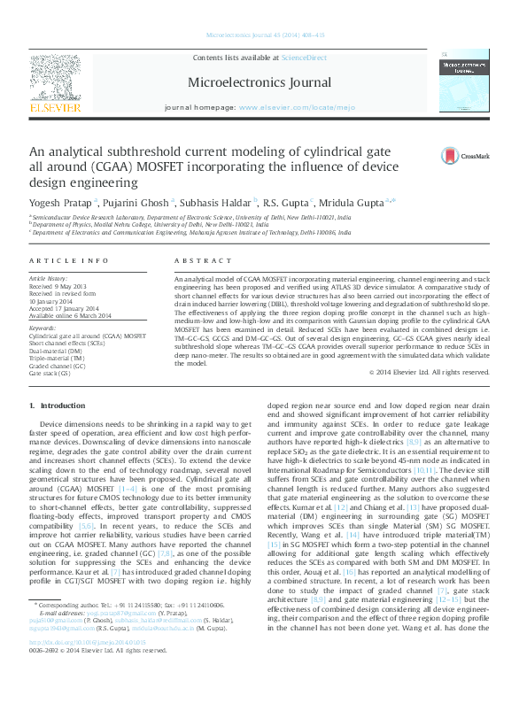 (PDF) An analytical subthreshold current modeling of cylindrical gate all around (CGAA) MOSFET ...