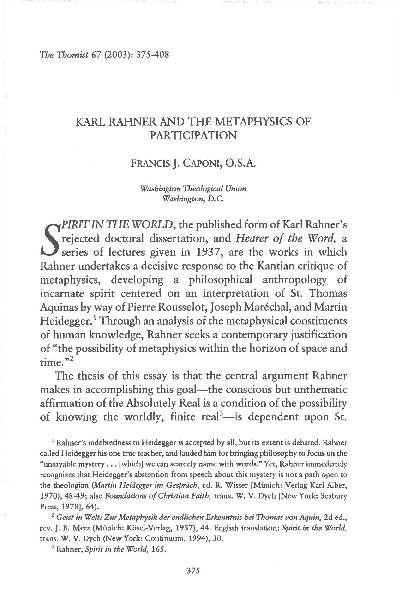 (PDF) Karl Rahner and the Metaphysics of Participation