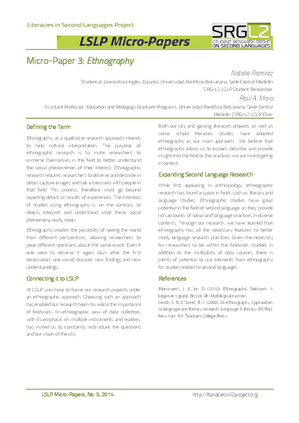 (PDF) LSLP Micro-Paper 3: Ethnography (Ramírez & Mora, 2014)