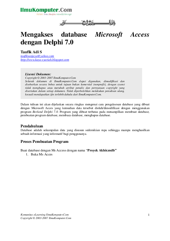 (PDF) Mengakses database Microsoft Access dengan Delphi 7.0