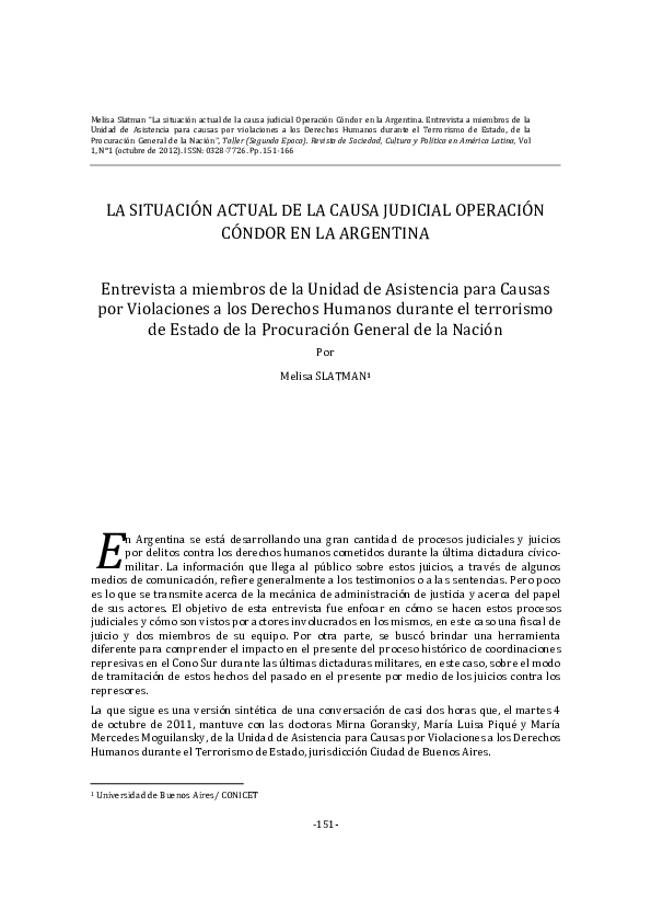 Slatman, Melisa La situación actual de la Causa Judicial Operación ...