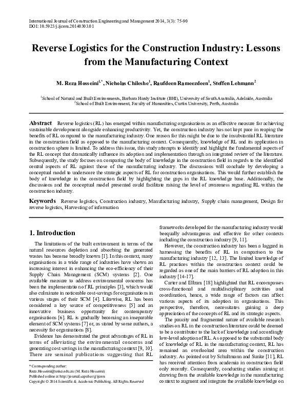 (PDF) Reverse Logistics for the Construction Industry: Lessons from the ...