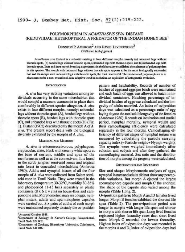 (PDF) 76. Polymorphism in Acanthaspis siva Distant (Reduviidae ...