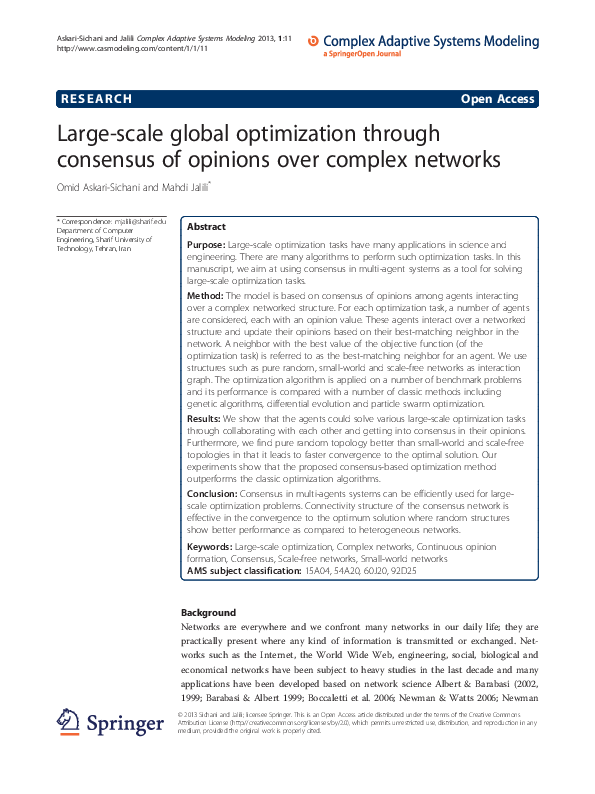Pdf Large Scale Global Optimization Through Consensus Of Opinions Over Complex Networks