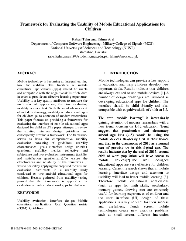 Pdf Framework For Evaluating The Usability Of Mobile Educational