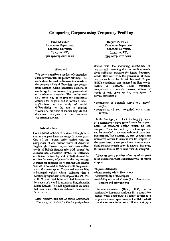 Pdf Comparing Corpora Using Frequency Profiling Paul Rayson