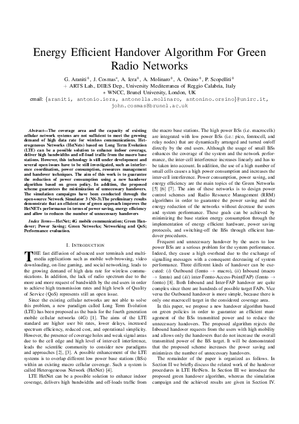 Pdf Energy Efficient Handover Algorithm For Green Radio Networks
