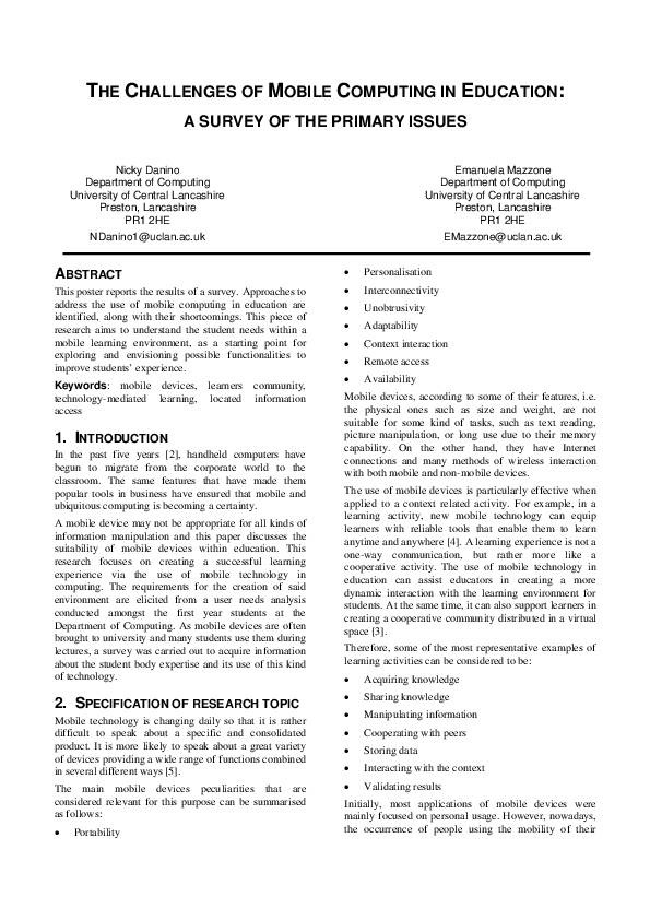 (PDF) THE CHALLENGES OF MOBILE COMPUTING IN EDUCATION: A SURVEY OF THE ...