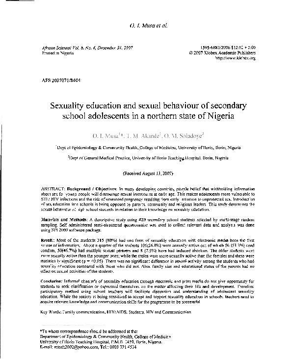 Sexuality education and sexual behaviour of secondary school adolescents in a northern state of ...