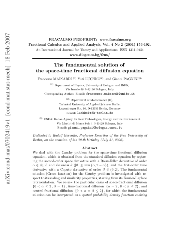 Pdf The Fundamental Solution Of The Space Time Fractional Diffusion