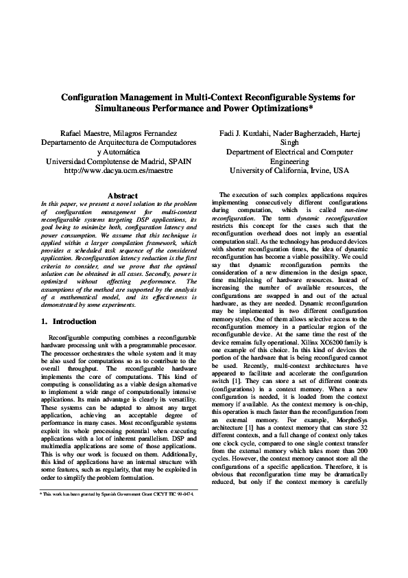 Pdf Configuration Management In Multi Context Reconfigurable Systems For Simultaneous