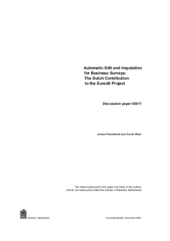 (PDF) AUTOMATIC EDIT AND IMPUTATION FOR BUSINESS SURVEYS | Ton de Waal and Jeroen Pannekoek ...