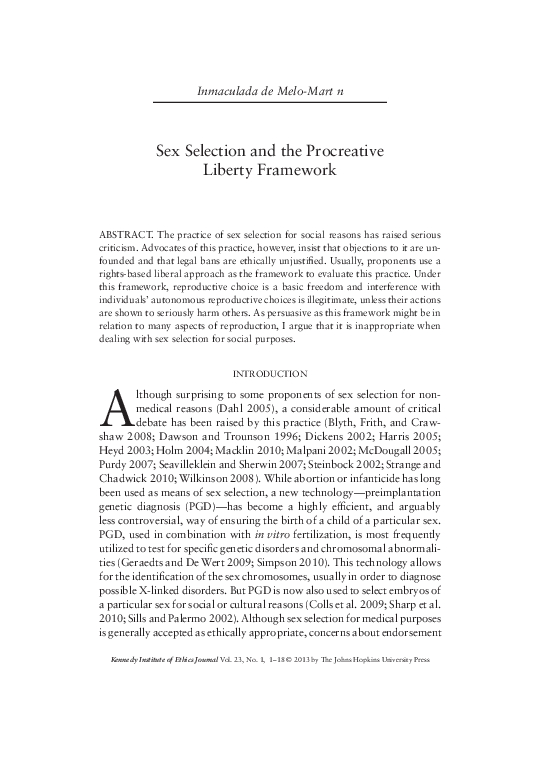 Pdf Sex Selection And The Procreative Liberty Framework