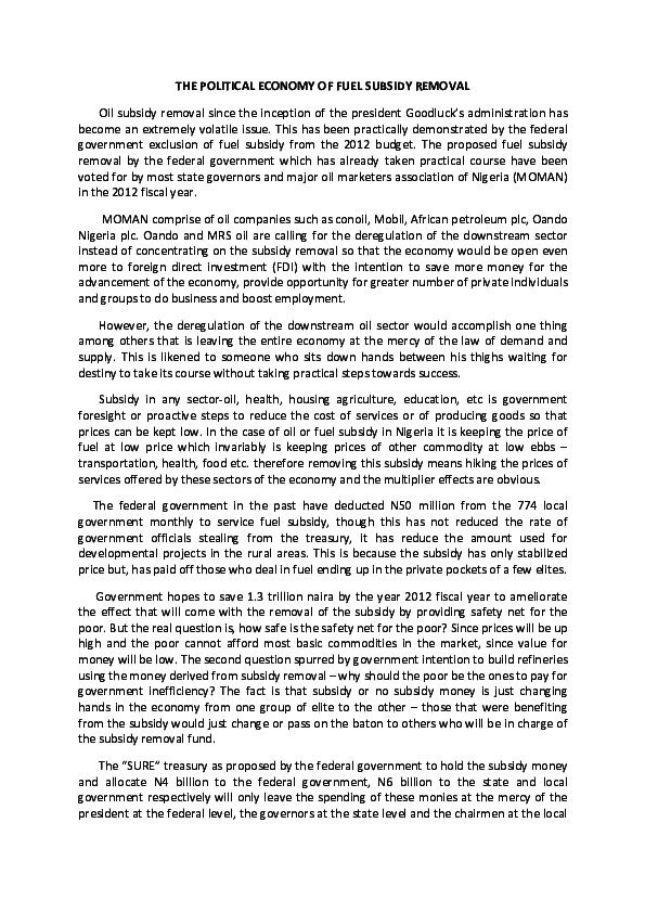 (PDF) THE POLITICAL ECONOMY OF FUEL SUBSIDY REMOVAL