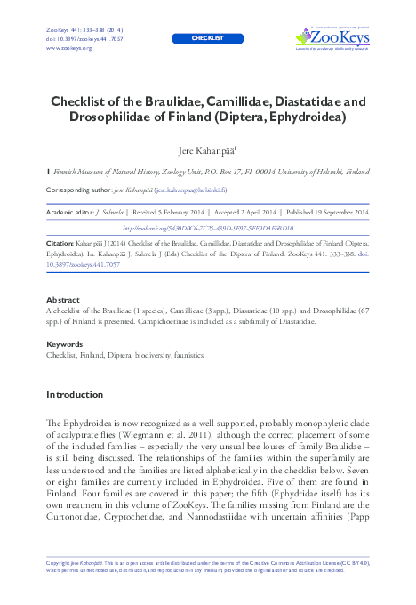 (PDF) Checklist of the Braulidae, Camillidae, Diastatidae and ...