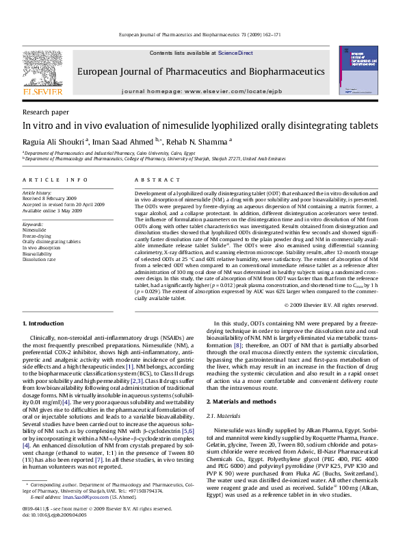 Pdf In Vitro And In Vivo Evaluation Of Nimesulide Lyophilized Orally Disintegrating Tablets