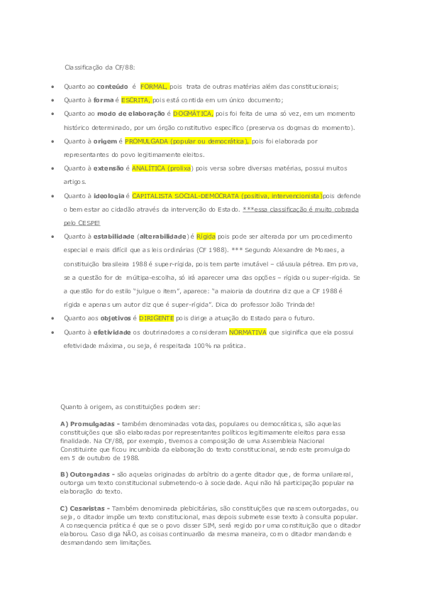 (DOC) Classificação da CF/88: · Quanto ao conteúdo é FORMAL