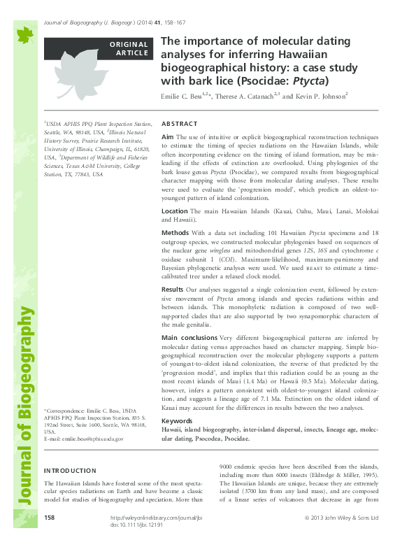 Pdf The Importance Of Molecular Dating Analyses For Inferring Hawaiian Biogeographical History