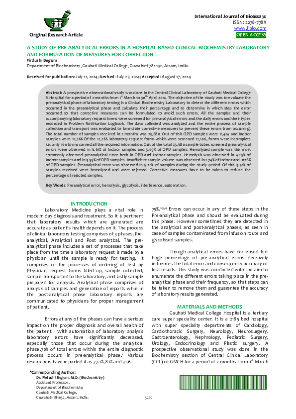 (PDF) A STUDY OF PRE-ANALYTICAL ERRORS IN A HOSPITAL BASED CLINICAL ...