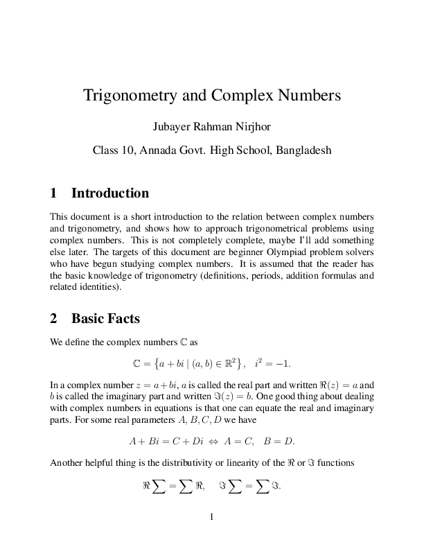 (PDF) Complex Number Approaches to Trigonometry Problems