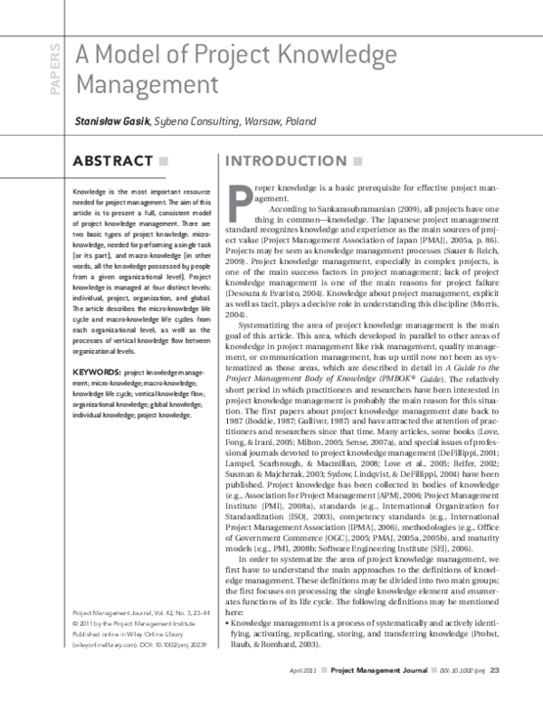 (PDF) A model of project knowledge management