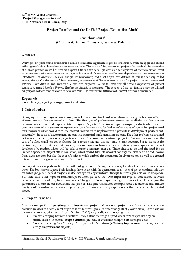 (PDF) Project families and the Unified Project Evaluation Model