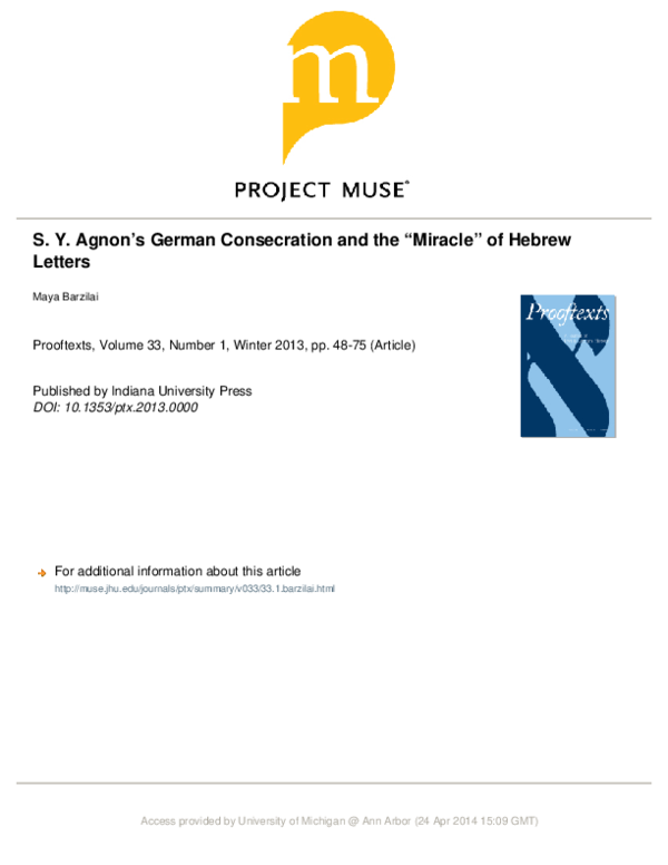 (PDF) S. Y. Agnon's German Consecration and the 'Miracle' of Hebrew ...