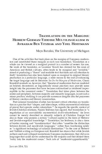 (PDF) Translation on the Margins: Hebrew-German-Yiddish Multilingualism ...