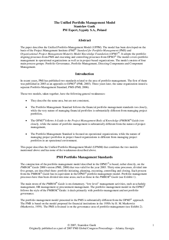 (PDF) The Unified Portfolio Management Model