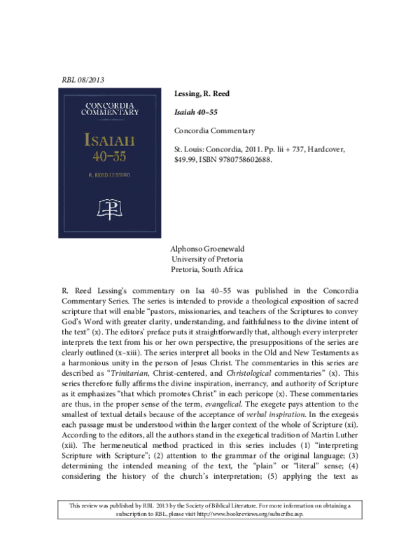 (PDF) Isaiah 40-55 (Concordia Commentary). R. Reed Lessing (2011 ...