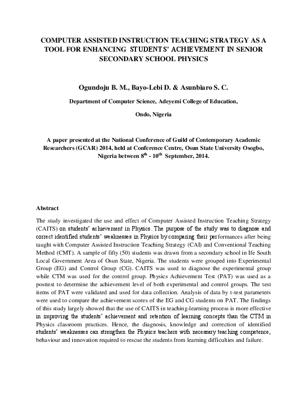 (DOC) COMPUTER ASSISTED INSTRUCTION TEACHING STRATEGY AS A TOOL FOR ...
