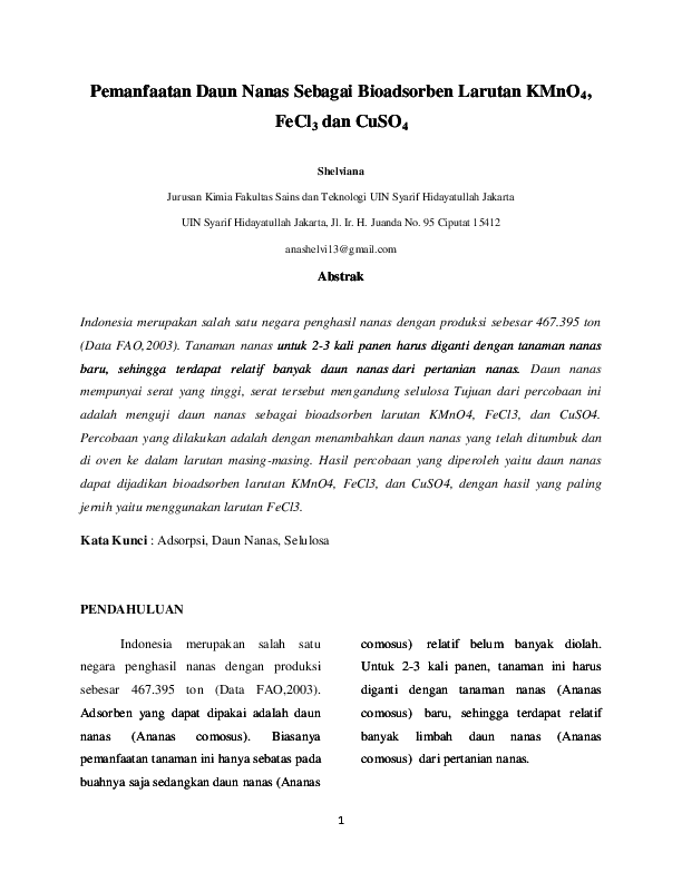(PDF) Pemanfaatan Daun Nanas Sebagai Bioadsorben Larutan KMnO 4 , FeCl ...