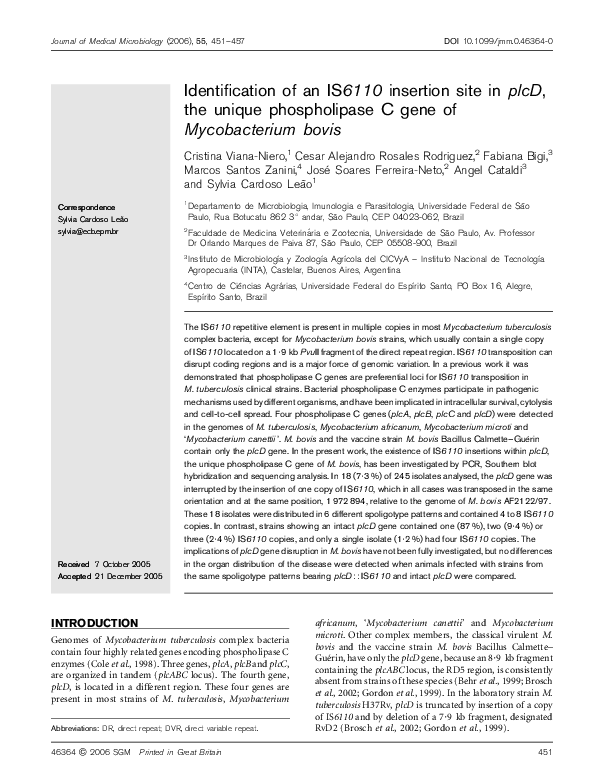 (PDF) Identification of an IS6110 insertion site in plcD, the unique ...
